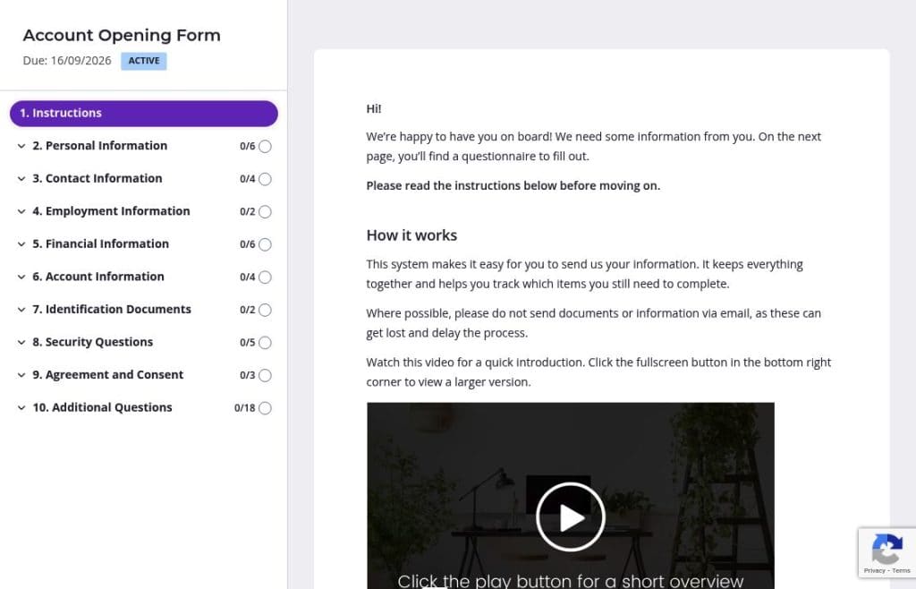 Account opening form template (36 questions) - Content Snare