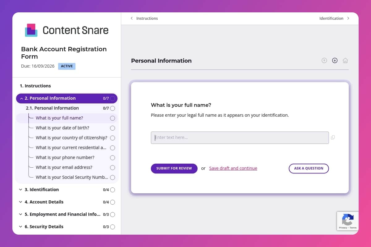 Bank account registration form template (31 questions) - Content Snare