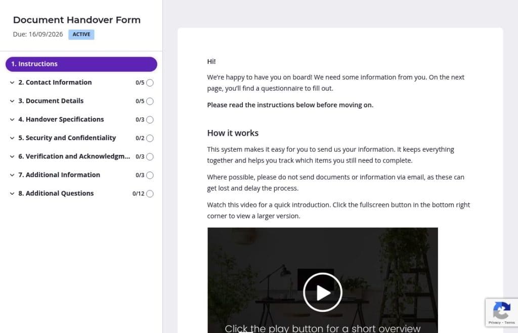 Document handover form template (22 questions) - Content Snare