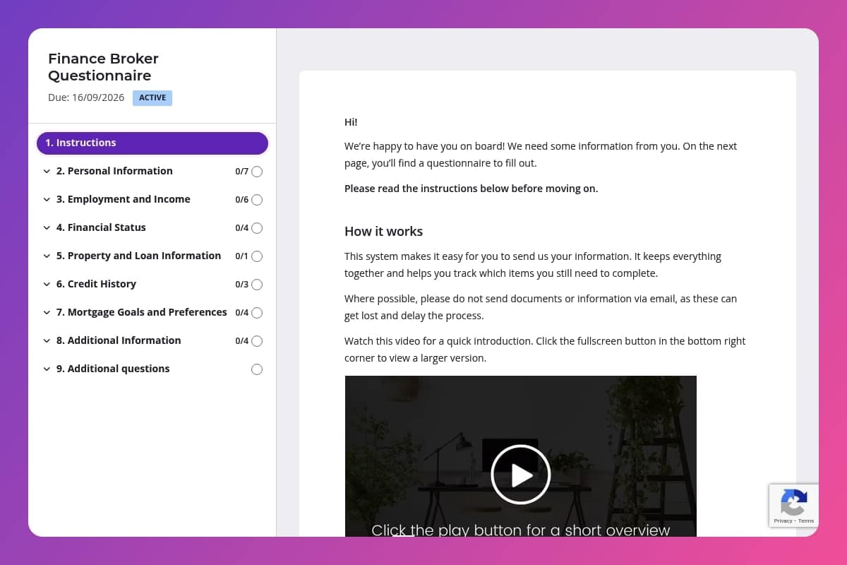 Finance broker questionnaire template (35 questions) - Content Snare