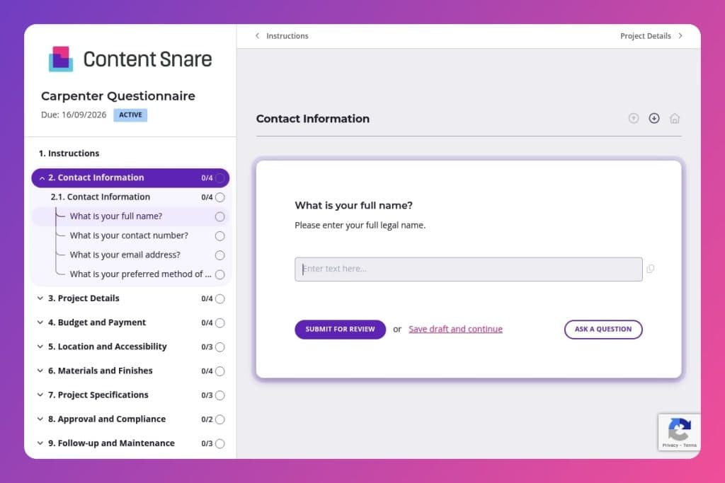 Carpenter questionnaire template (32 questions) - Content Snare