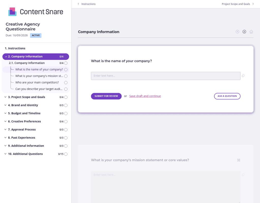 Creative agency questionnaire template (28 questions) - Content Snare
