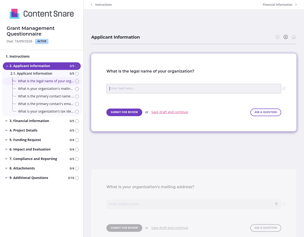 Grant management questionnaire template (30 questions) - Content Snare