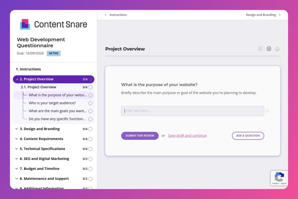 Web development questionnaire template (26 questions) - Content Snare